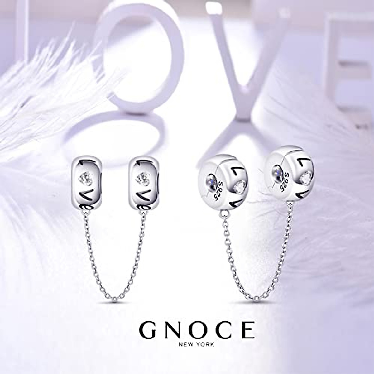 GNOCE "Love Safety Chain Charms 925 Sterling Silver Connection Chain Charms Engraved with Love Safety Chain Fit All Bracelet for Protect and Extend Your Bracelet