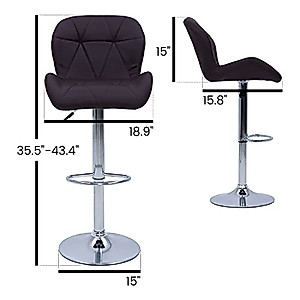 Puluomis Set of 2 Brown Shell Shaped Bar Stools Modern Gas-Lift Adjustable Swivel Leather Chair with Back, Chrome Base Counter Barstools, Large