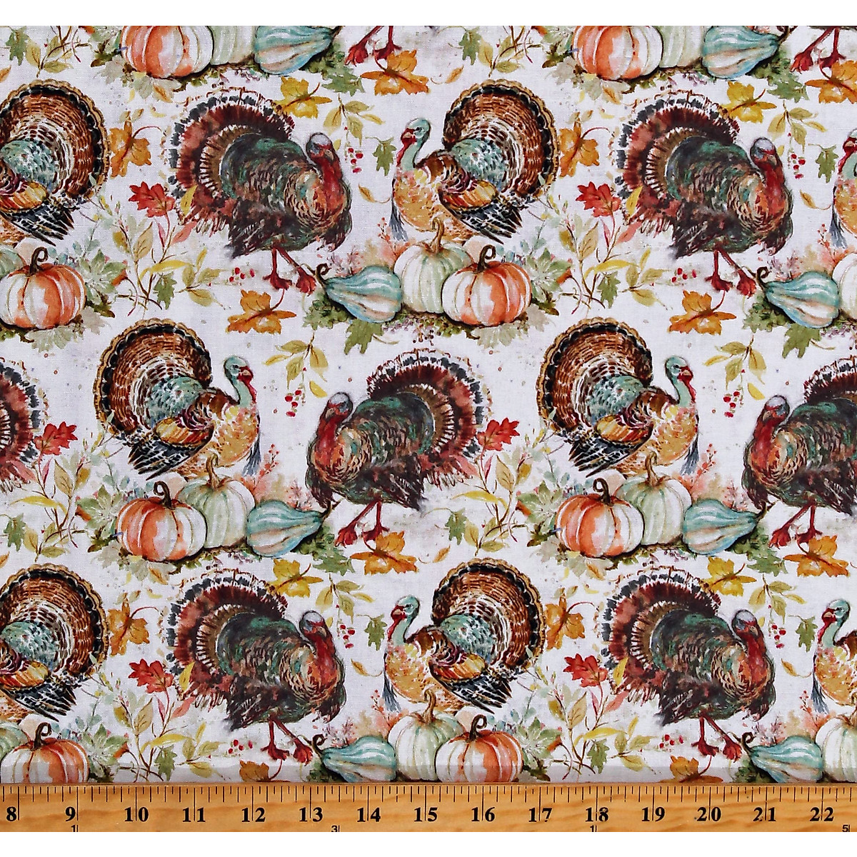 Fields Cotton Turkeys and Pumpkins Thanksgiving Autumn Fall Leaves Cream Cotton Fabric Print by The Yard (77325-A620715) 44 Inches