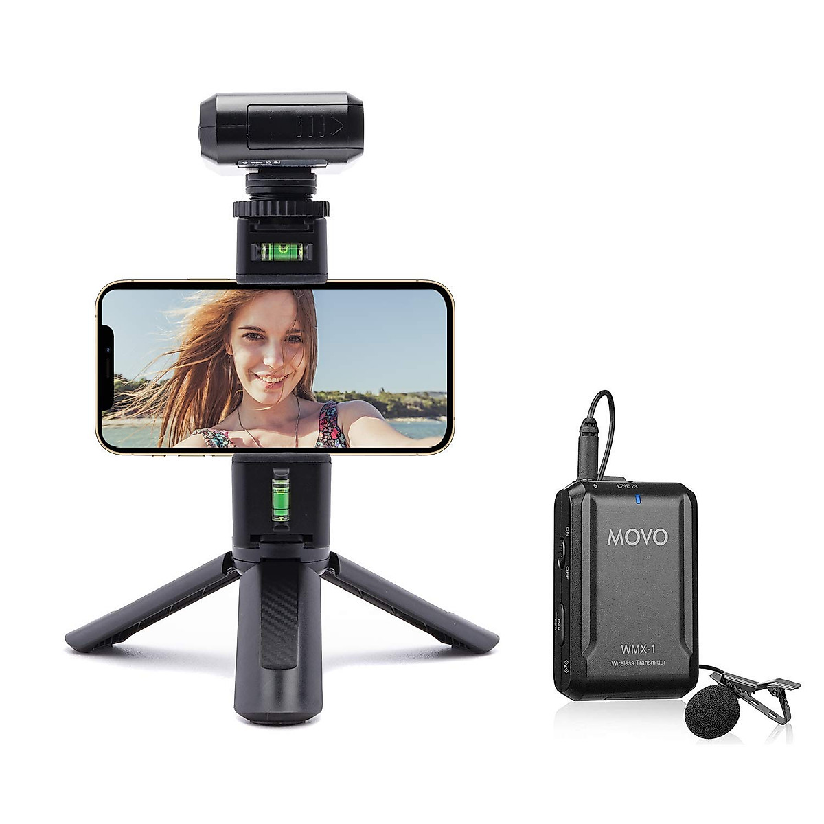 Movo Smartphone Vlogging Kit with Wireless Lavalier Microphone, Mini Tripod, and Rotating Phone Holder for Tripod - Wireless Lapel Microphone for iPhone and Android Smartphones, DSLR Camera, and More