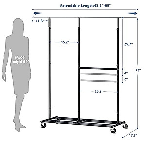 Raybee Clothes Rack Heavy Duty 405LBS Clothing Racks for Hanging Clothes 200+ Rolling Clothes Rack with Wheels Garment Rack Heavy Duty Clothing Rack with Shelves Portable Clothes Rack,Metal,Black