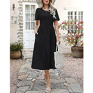 Ellakoko Summer Dresses for Women 2023 Casual Short Sleeve Modest A Line Crew Neck Ruffle Tiered Smocked Midi Black Dress Solid Black M