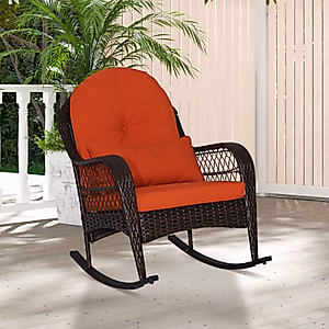 Tangkula Outdoor Wicker Rocking Chair, Patio Rattan Rocker with Seat Back Cushions & Waist Pillow, Sturdy Metal Frame, Mix Brown Outdoor Rocker for Balcony, Porch, Backyard (1, Orange)