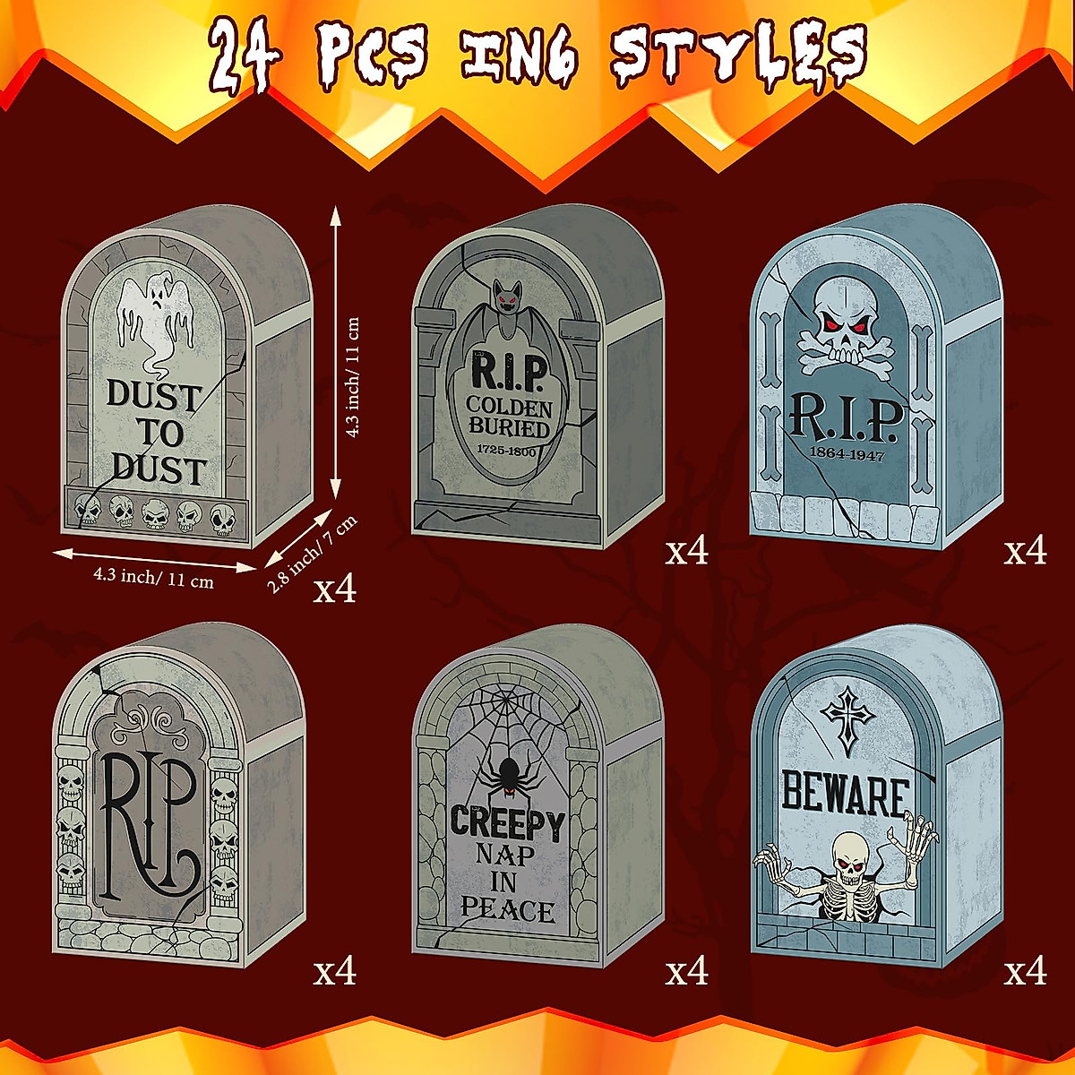 PerKoop 24 Pcs Halloween Tombstone Bags Trick Or Treat Candy Goody Boxes Halloween Paper Gift Box Tombstone Treat Bags for Kids Party Favors Snacks Cookies Party Supplies Halloween Decorations