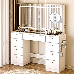 Alorksi Glass Top Makeup with Multiple Storage Space, Makeup Furniture with Power Outlet & LED Lights, 3 Lighting Modes Adjustable Brightness for Dressing Room, White