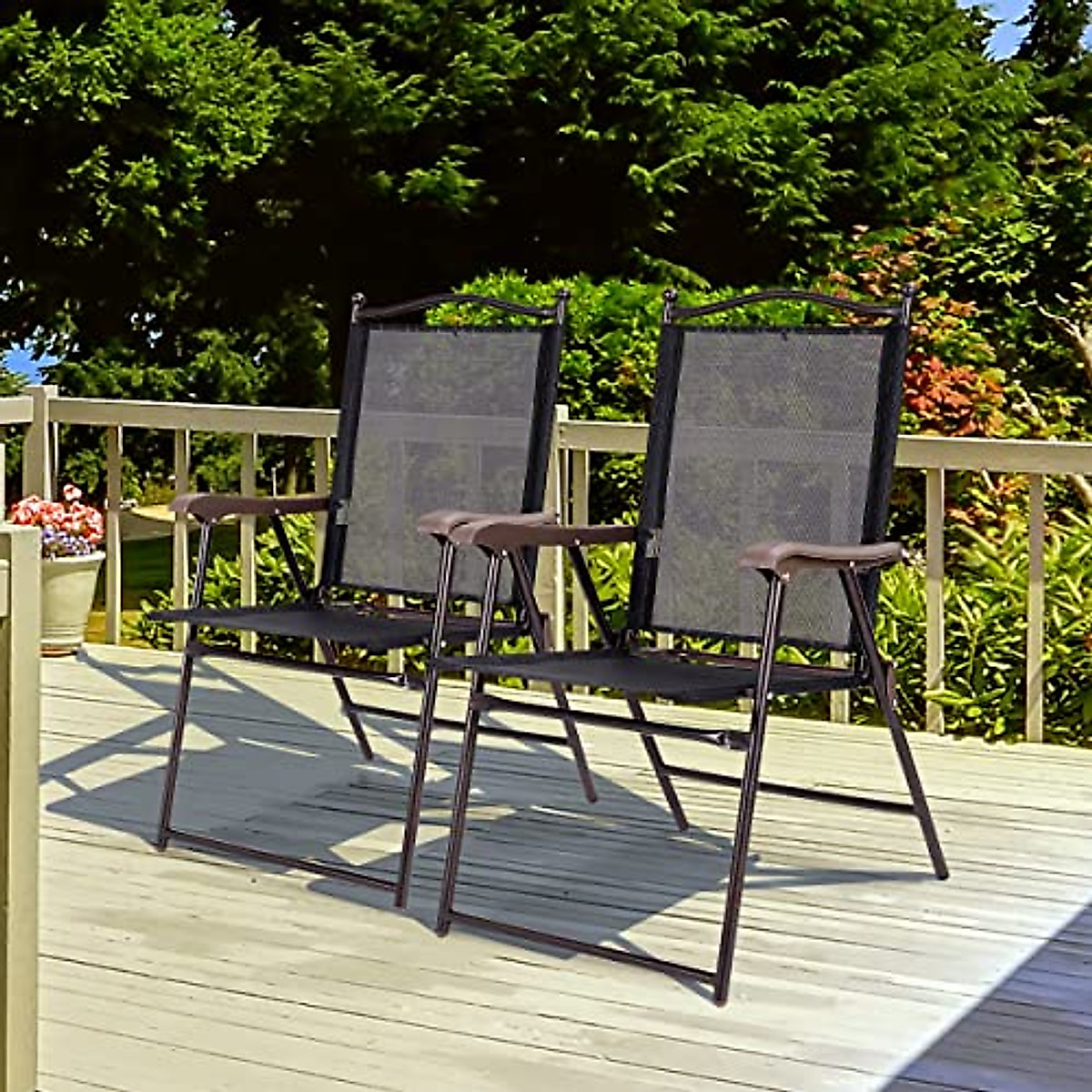 BestComfort Patio Folding Chairs Set of 2, Portable Sling Chairs with Armrest Metal Frame, Indoor Outdoor Lawn Chairs, Folding Chairs for Yard Garden Poolside Beach Camping, No Assembly, Black