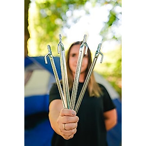 Stansport 12” Steel Tent Stakes - 4 Pack, Silver, 12" L x 0.75" W x 0.5" H