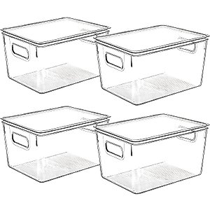 Clear Storage Bins with Lids, Stackable Pantry Organizers and Storage Plastic Containers, Fridge Organizer Bins Kitchen Cabinet Organizer Bin for Organizing Refrigerator Organization