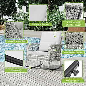 BALDPER 6-Piece Gray Wicker Patio Rocking Chairs Set, Rocking Wicker Bistro Set, Outdoor Furniture Conversation Set with Porch Chairs and Glass Coffee Table, Cloudy Grey