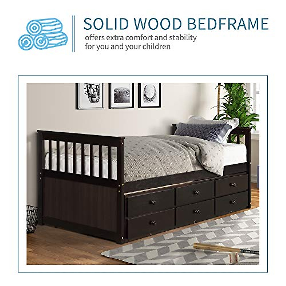 UBGO 3-in-1 Twin Sofa Bed, Wooden Furniture Set with Rollers and 3 Storage Drawers, Captain Sofa Bed Frame for Boys Girls Small Space Bedrooms, Espresso