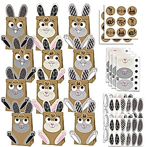 AUSHENKE Easter Gift Goodie Bags, Bunny DIY Kraft Easter Treat Paper Bags with Stickers for Spring Easter Party Favors, 12PCS