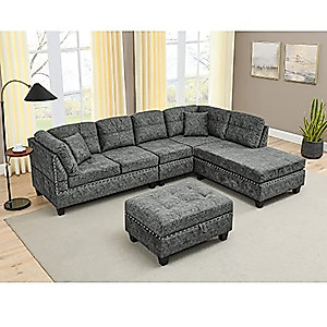 UBGO Furniture, L-Shape Set,Modern Upholstered Living Room Sectional Reversible Chaise,Couches Sofas for Large Space Dorm Apartment-Gray