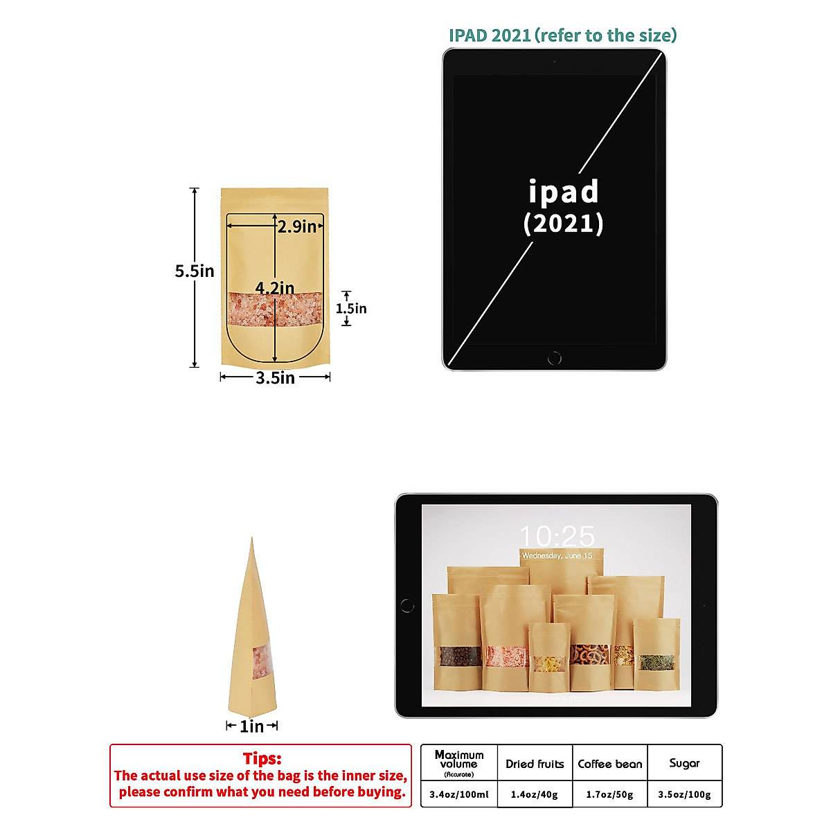 FireKylin 100 Pcs Kraft Paper Bags with Window, 3.5" x 5.5" Stand Up Pouches Bags, Zip Lock Food Storage Bags for Packaging Products, Reusable, Sealable