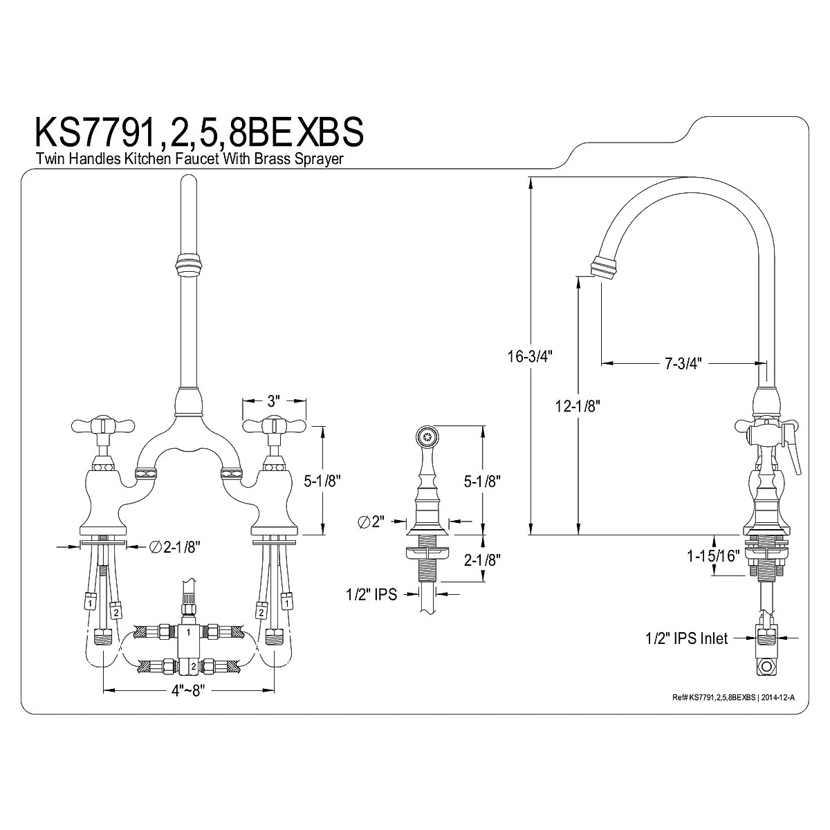 Kingston Brass KS7791BEXBS Essex Bridge Kitchen Faucet, Polished Chrome, 8 x 7.75 x 16.75