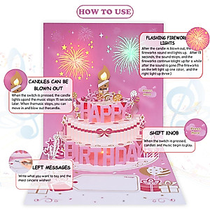 DTESL Musical Birthday Cards with Light and Music, Blowable, 3D Birthday Popup Cards for Men & Women– Plays Hit Song 'HAPPY Birthday' (pink)