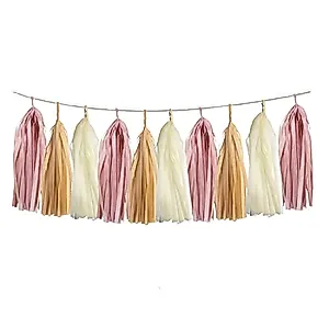 15PCS DIY Boho Rainbow Party Tassel Banner Dusty Rose Pink Kraft Brown Cream Paper Garland Streamer Wedding Baby Shower Birthday Outdoor Nursery Garden Hanging Decoration