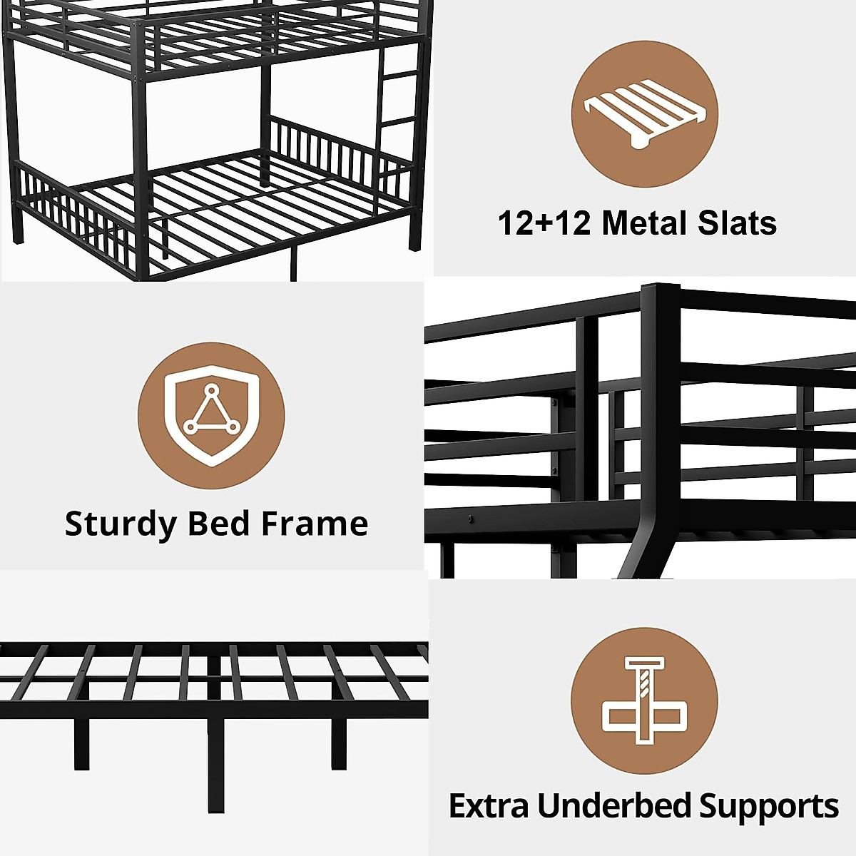 Luckiofvonne Queen Over Queen Bunk Bed for Adults, Heavy-Duty Metal Bunk Bed Frame with Ladder, High Guardrail and Slats Support, No Box Spring Needed, Black