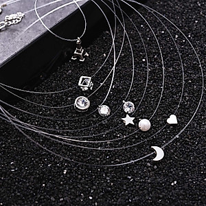 Starain 8 Pcs Fishing Line Necklace for Women Single Moon Star Cubic Zircon Pendant Choker Necklace Set