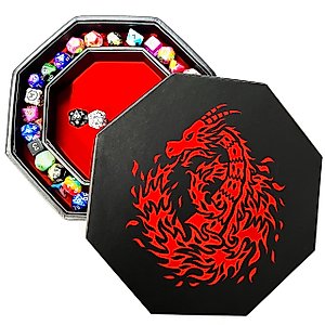 Fantasydice Red Fire Dragon Dice Tray with Lid – 9" Octagon with Dice Staging Area, Holds 5 Dice Sets – Perfect for D&D, Call of Cthulhu, Shadowrun, and All Tabletop RPGs