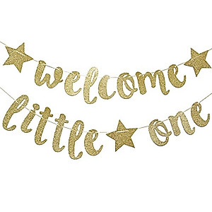 Welcome Little One Glitter Gold Banner, Baby Shower, Gender Reveal Party , Glitter Party Decor (Gold)