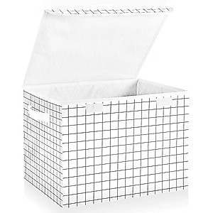 Kigai Storage Basket White Grid Storage Boxes with Lids and Handle, Large Storage Cube Bin Collapsible for Shelves Closet Bedroom Living Room, 16.5x12.6x11.8 In