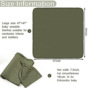 JaGely 2 Pack Baby Newborn Swaddle Blanket and Hat Set Large Stretchy Blankets with Soft Receiving for Boy Girl Essentials, Blue, Army Green, Hat: approx. 38 cm/ 15 inches in circumference
