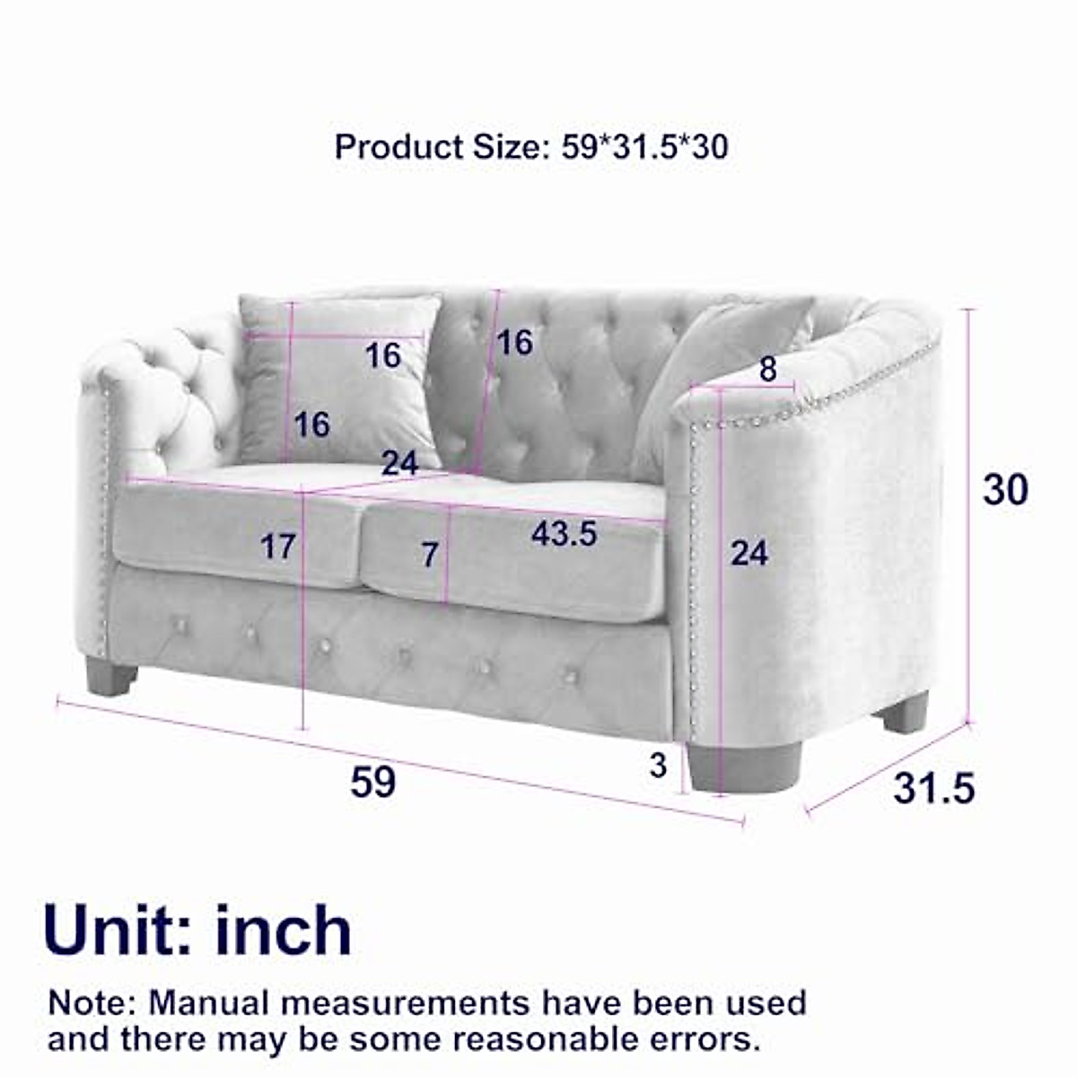 Xshelley 59" Chesterfield Sofa, Loveseat Sofa Couch, Modern Upholstered Sofa Couch for Living Room Bedroom Office Apartment