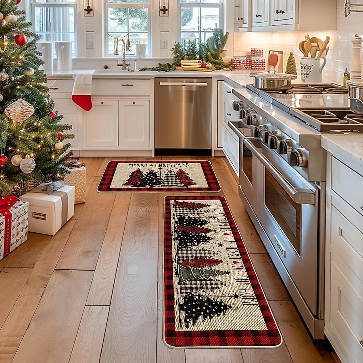 Artoid Mode Red Buffalo Plaid Xmas Trees Merry Christmas Kitchen Mats Set of 2, Winter Decor Low-Profile Kitchen Rugs for Floor - 17x29 and 17x47 Inch