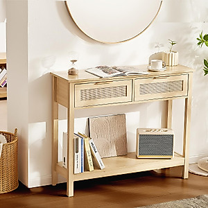 VEVOR Rattan Console Table with 2 Storage Drawers, Rattan Entryway Table with Natural Rattan Sliding Door, Console Sofa Table for Living Room, Study, Entryway Or TV Wall, Natural