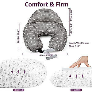 Yoofoss Nursing Pillow for Breastfeeding, Plus Size Ergonomic Breastfeeding Pillows, Breast Feeding Pillows for Mom and Baby with Adjustable Waist Strap, Removable Cover and Security Fence, Arrow Grey