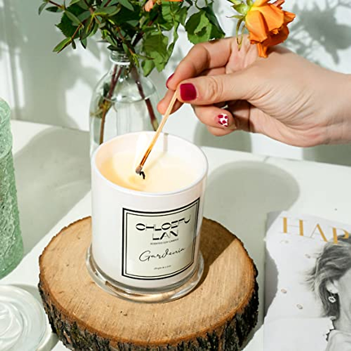 Chloefu LAN Gardenia Scented Candles for Home, Natural Soy Candle for Home Decor, Birthday Candle Gift for Women, 10 oz 65 Hours Burn