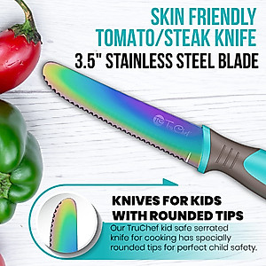 TruChef Kids Tomato Steak Knife Set for Real Cooking (Aqua) - 2pcs - Skin Friendly Serrated Edge Stainless Steel Lightweight - Safe for Children & Beginners