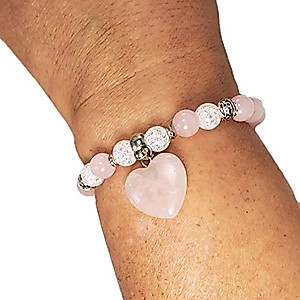 Pink Heart Charm Bracelet REAL Natural Stones Rose Quartz and Cracked Quartz Birthstone Women Bracelet Yoga Chakra Bracelet Anti-Stress Anti-Anxiety Gemstones Jewerly (quartz cracked rose qtz)