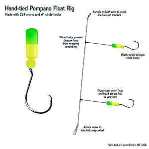 3 Pack '#1' Pompano Rig Surf Fishing Hi-Lo Double Drop Hand-Tied 25LB Mono (Chartreuse/Green)