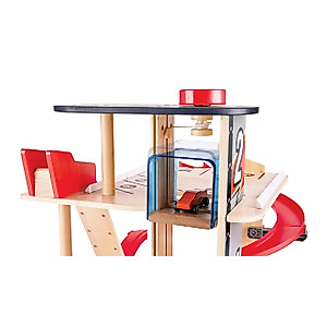 Hape Gearhead Stunt Garage Kids Wooden Toy Car Parking Garage Playset w/Elevator and 2 Exit Tracks, Detachable Loop, Includes 2 Wooden Toy Racecars