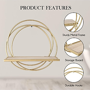 Oakrain Small Floating Shelves Set of 2, Wall Mounted Hanging Shelf with Gold Metal and Wood, Round Wall Shelves for Storage, Living Room Decor, Bathroom, Kitchen, Bedroom, Office