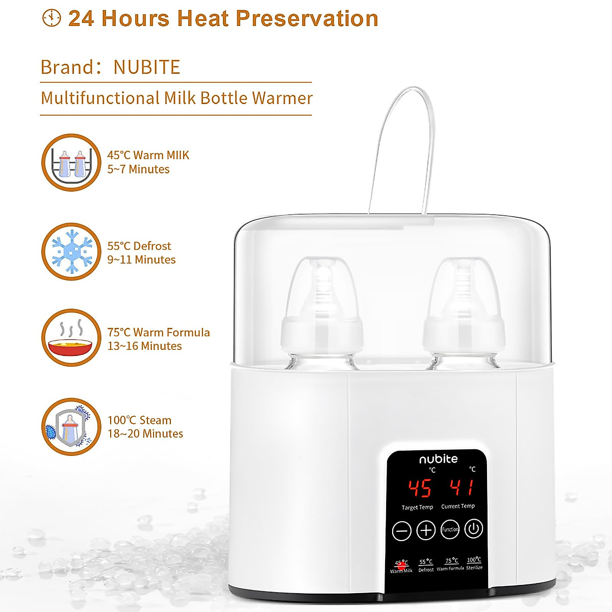 Baby Bottle Warmer, Fast Milk Warmer for Breastmilk Formula, Baby Food Steamer, Fits 2 Bottles, Accurate Temperature Control, with Defrost, Steam Water Boiler, Heat Baby Food Jars Function