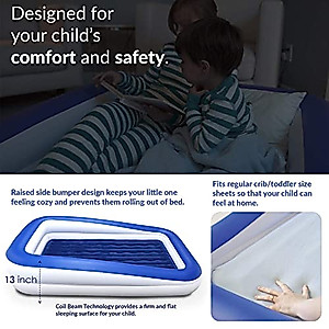 EnerPlex Kids Inflatable Travel Bed with High Speed Pump, Portable Blow up Toddler Air Mattress with Sides – Built-in Safety Bumper - Blue