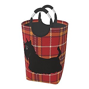 AMABCDET Collapsible Laundry Basket with Aluminum Handle, 50L Large Capacity Waterproof Red Plaid Black Scottish Terrier Pattern Dirty Clothes Hamper for Bedroom Bathroom Living Room