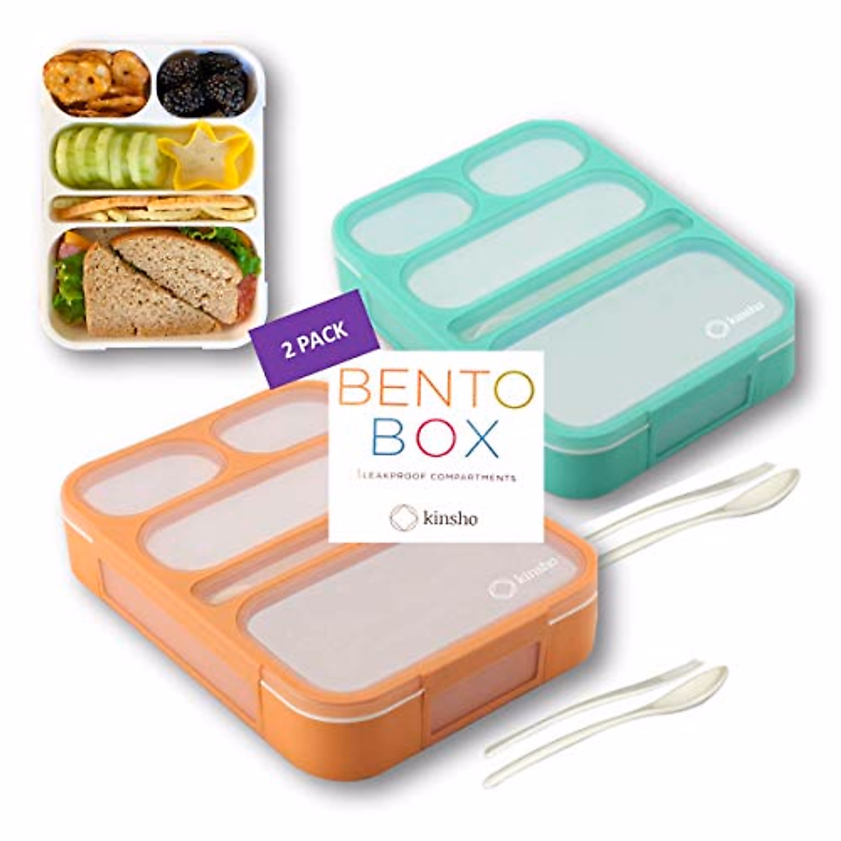 Bento Box for Adults Kids Lunches, Meal Prep Lunch-Boxes for Women Girls Boys | Leakproof Snack Containers for Toddlers Portion Control Container BPA Free | Green + Orange, 5 Compartments, 2 pack