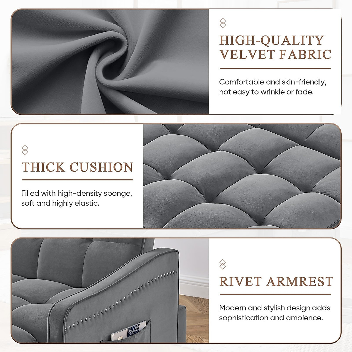 JEEOHEY 3 in 1 Convertible Sleeper Sofa Bed,52" Modern Velvet Pull Out Couch Bed with USB&Type-C Charging Ports,Futon Tufted Love Seat with Adjustable Backrest for Living Room,Office,Bedroom(Grey)