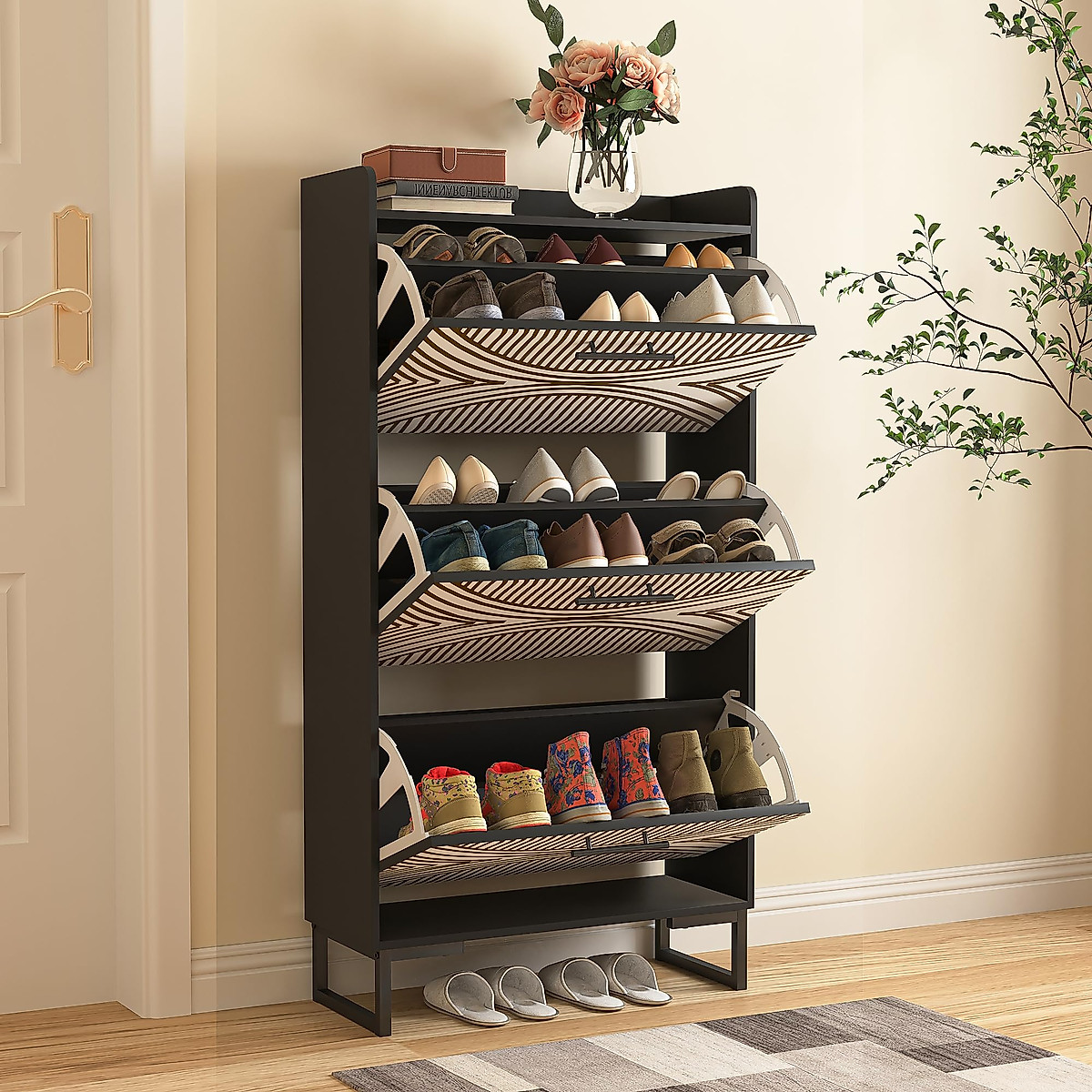 Vibe & Dine Shoe Cabinet with 3 Flip Drawers, Modern Shoe Storage Cabinet with Adjustable Shelves for Entryway Slim, FreeStanding Narrow Shoe Organizer Cabinet with Gold Metal Handle and Legs, Black