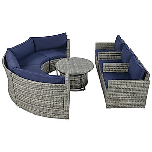 YSWH 9-Piece Outdoor Half Moon Sofa Set, Rattan Patio Furniture Half Round Sofa Set with Overlapping Round Table, Sectional Conversational Sofa Set for Free Combination, 1