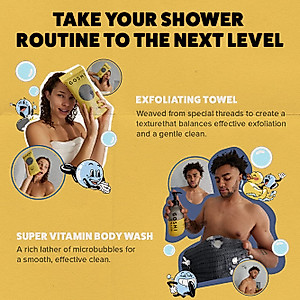 GOSHI Exfoliating Shower Towel and Super Vitamin Body Wash for Women and Men - Exfoliating Bath Set for All Skin Types