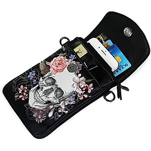 Flower Halloween Sugar Skull Cell Phone Purse Crossbody Bag Pouch Shoulder Bags Wallet for women Girls Travel, 7.6 x 4.9 inches(H x L)