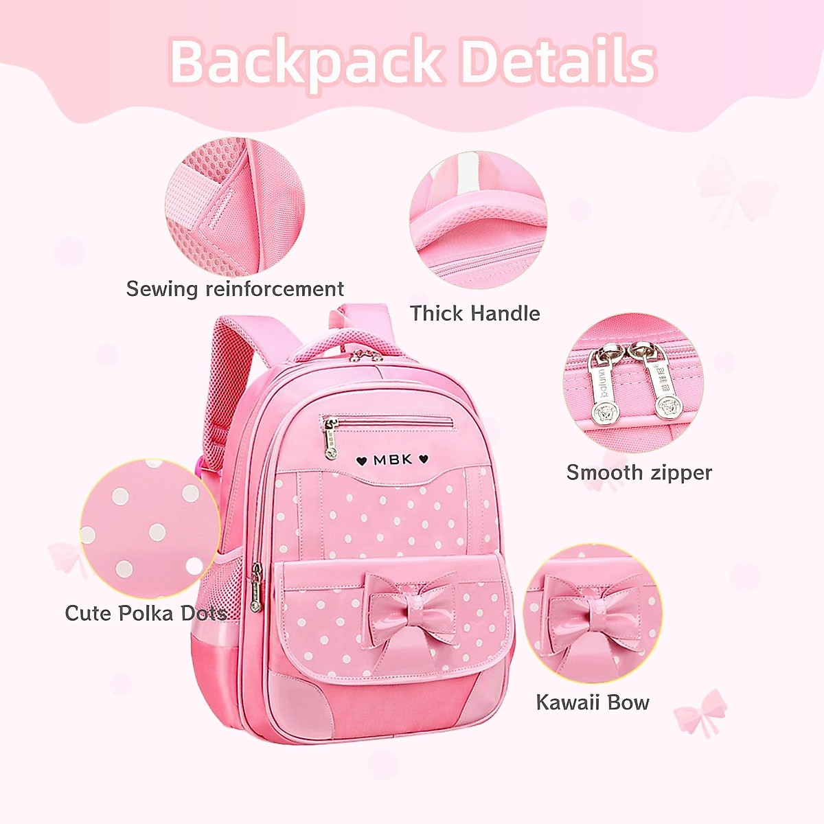 LANSHIYA 2Pcs Princess Bow Girls Backpack 2-Piece Elementary School Bag Kids School Travel Bag Set