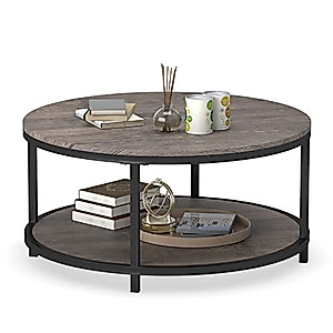 WiberWi Round Coffee Table 35.8" Rustic Vintage Industrial Design Furniture Sturdy Metal Frame Legs Sofa Table Cocktail Table with Storage Open Shelf for Living Room, Easy Assembly, Gray Brown1