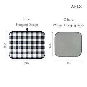AELS XL 24" x 18" Dish Drying Mat, Set of 2, for Kitchen Counter, Buffalo Check Plaid Tartan Reversible Absorbent Microfiber Dish Drainer/Rack Pads with Hanging Loop