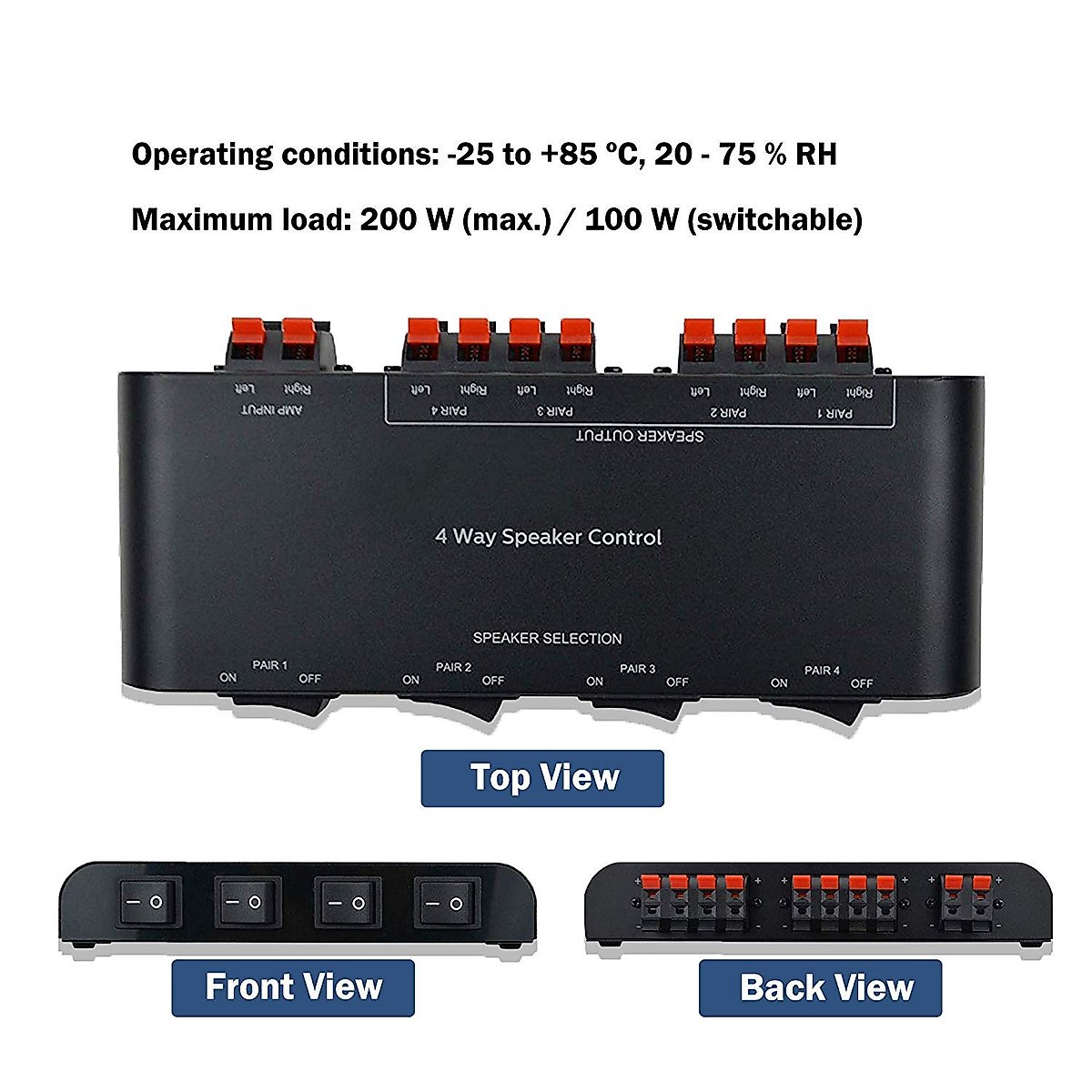 A ADWITS 4-Channel Speaker Switcher Selector Box with Terminal Claps 200W RMS Max 100W Switchable, Black