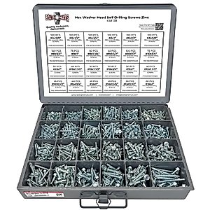 Unslotted Hex Washer Head Sheet Metal Self Drilling Tek Screw Assortment Kit - 1466 Pieces!